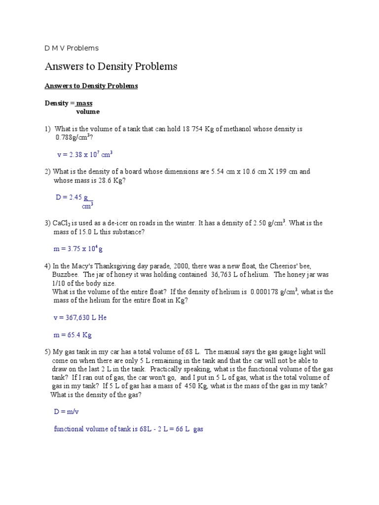 Answers To Density Problems Density Mass | PDF | Density | Quantity