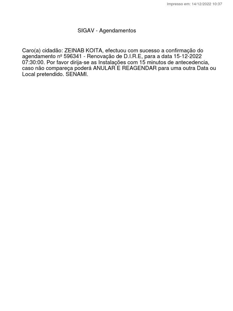 SIGAV Agendamento Confirmado ZEINAB KOITA 14-12-2022 1037 | PDF