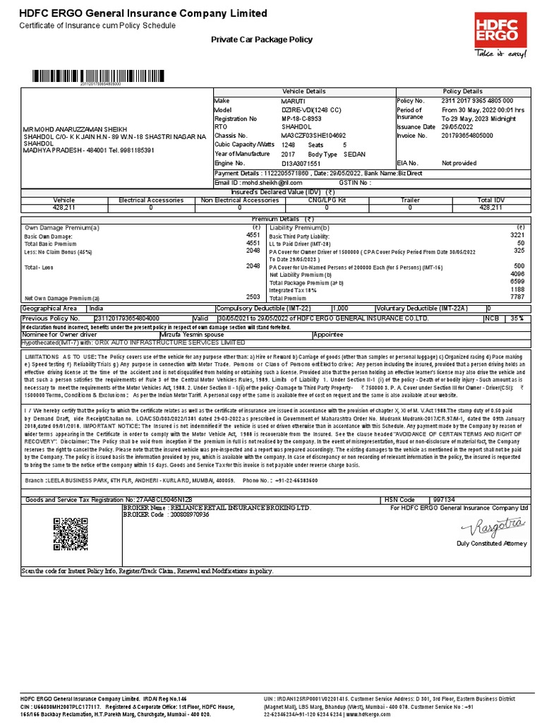 Comprehensive insurance policy for Maruti DZIRE vehicle | PDF ...