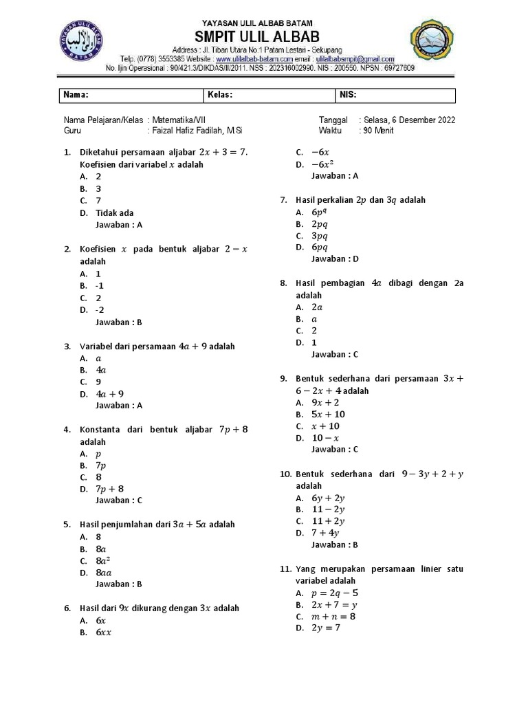 Soal PAS MTK 7 Ganjil 2022-2023 | PDF