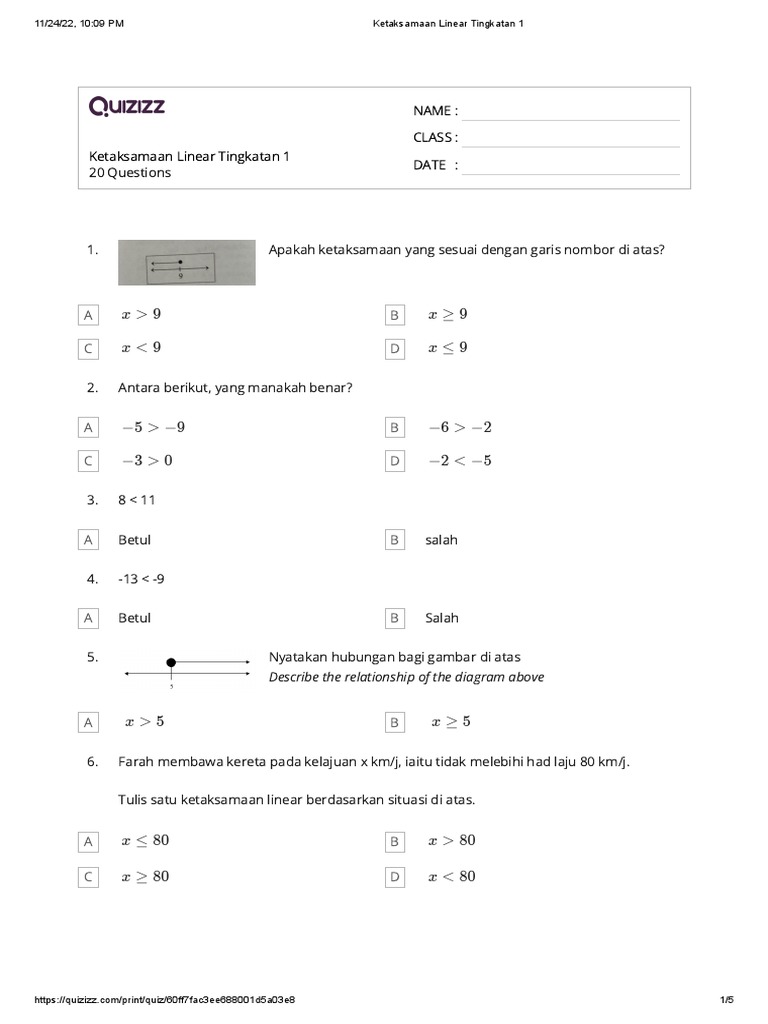 Ketaksamaan Linear Tingkatan 1 - Jawapan | PDF