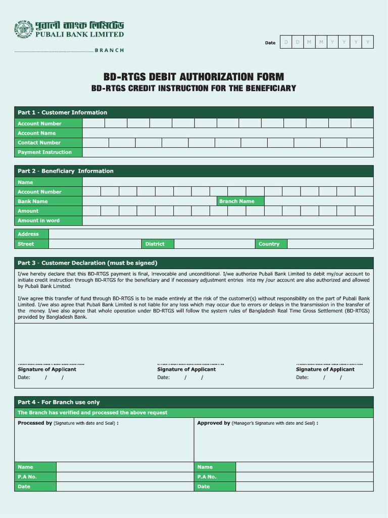 Rtgs Debit Authorization Form | PDF