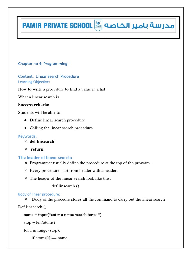 Linear Search Procedure 8grade Pdf Subroutine Control Flow