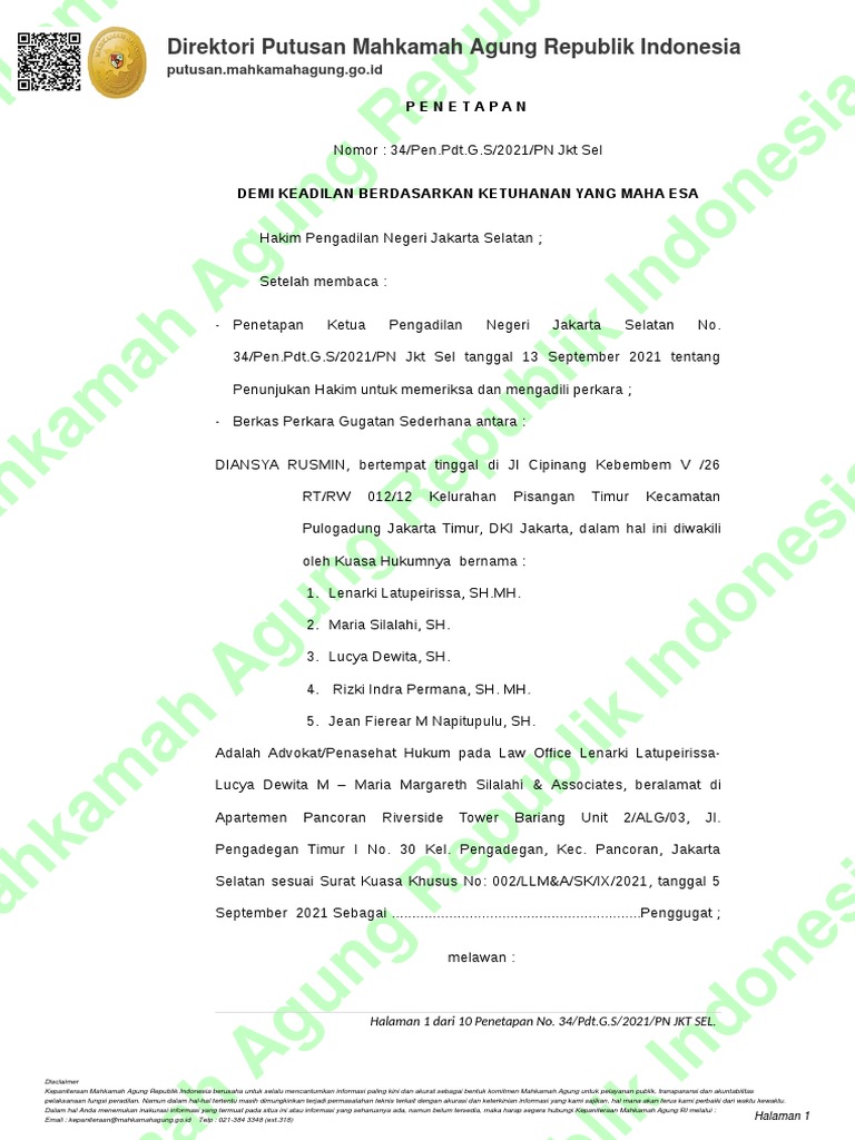 Putusan 34 Pdt.g.s 2021 PN JKT - Sel 20220329 | PDF