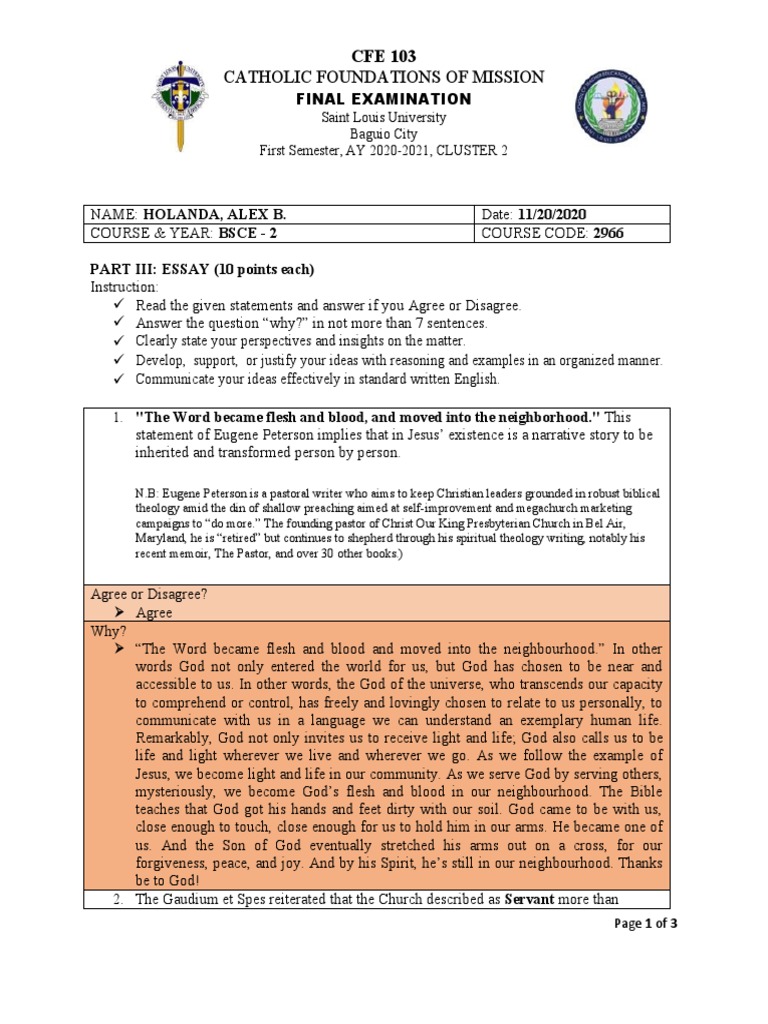 Final Exam Essay CFE103 | PDF | God | Jesus