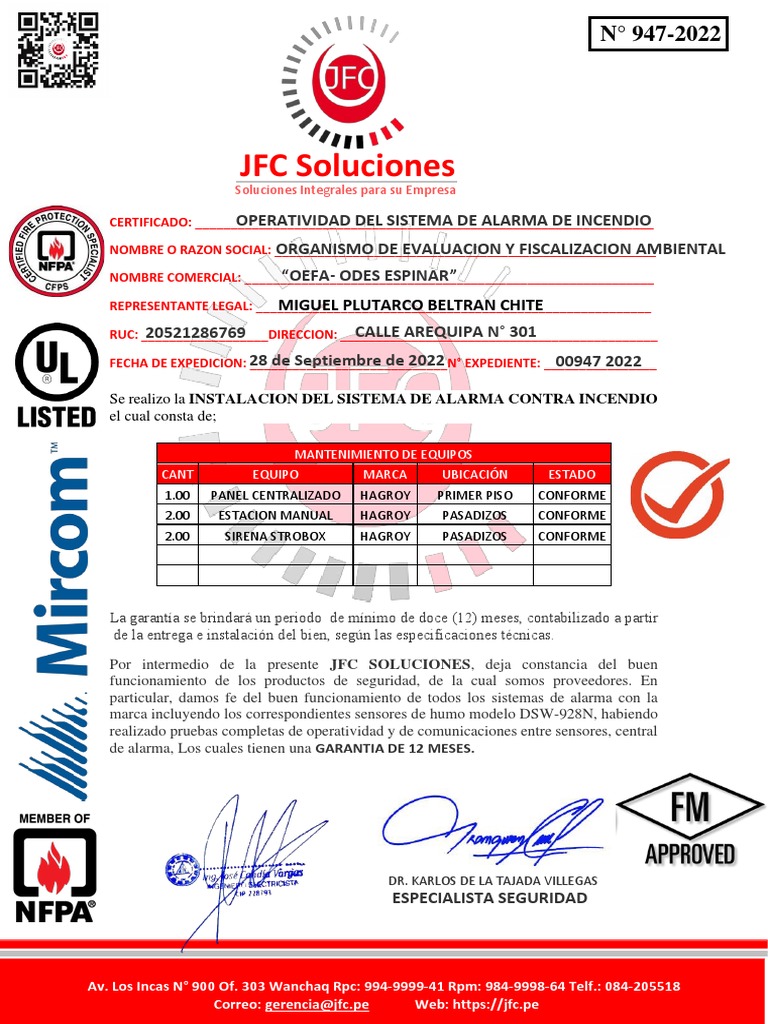 Certificado Operatividad de Sistema Contra Incendio | PDF