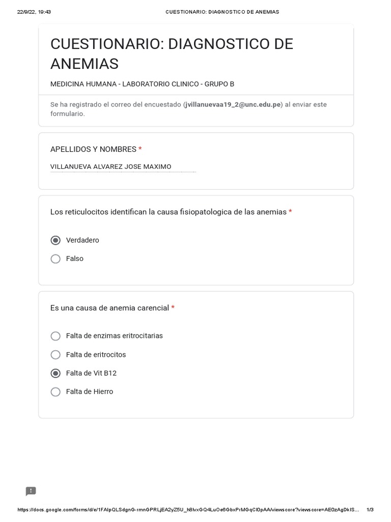 Cuestionario - Diagnostico de Anemias | PDF | Anemia | Glóbulo rojo