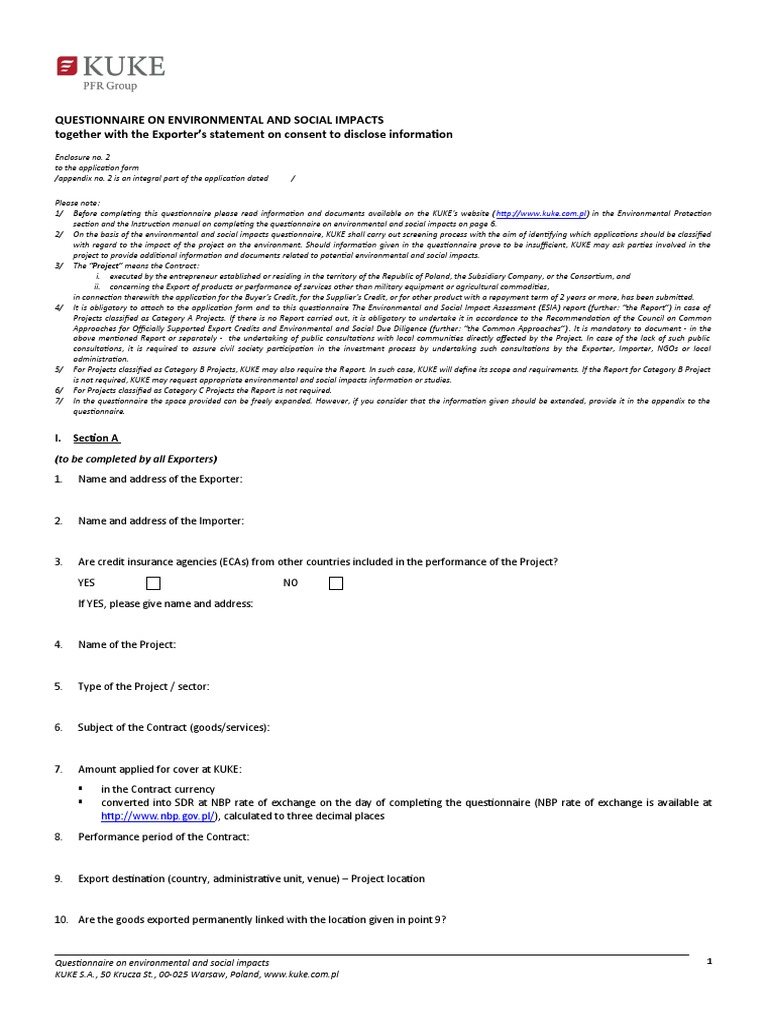 Buyer S Credit Application Form Appendix 2 Esia Questionnaire | PDF