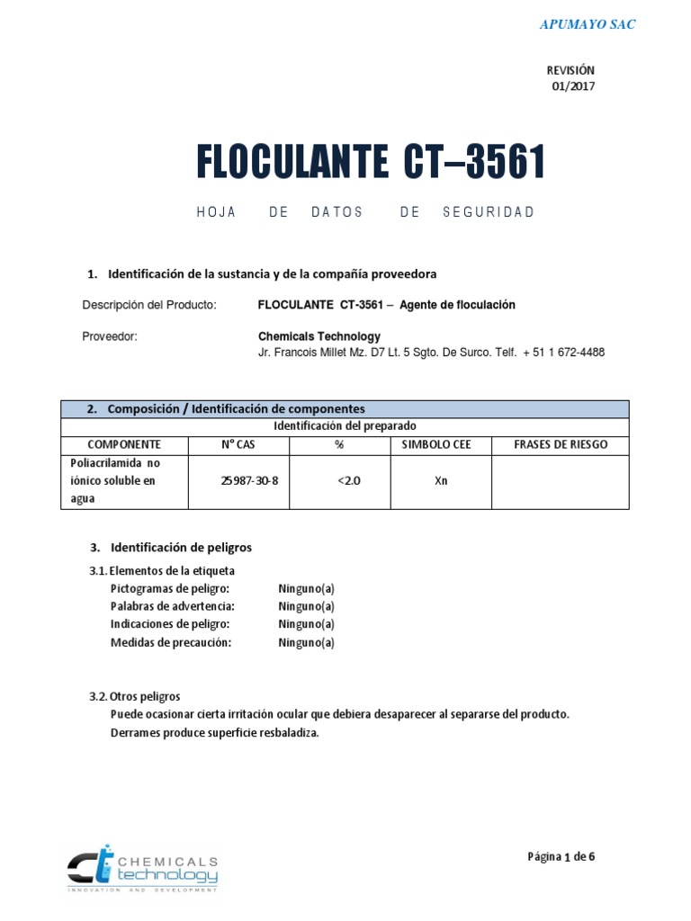Msds Floculante CT 3561 - 1 | PDF | Agua | Descomposición