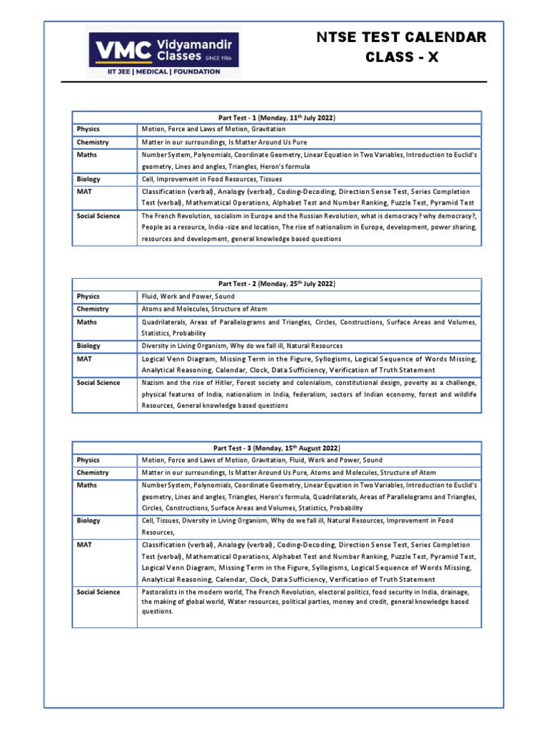 NTSE Class X Test Schedule 2022 | PDF | Area | Equations