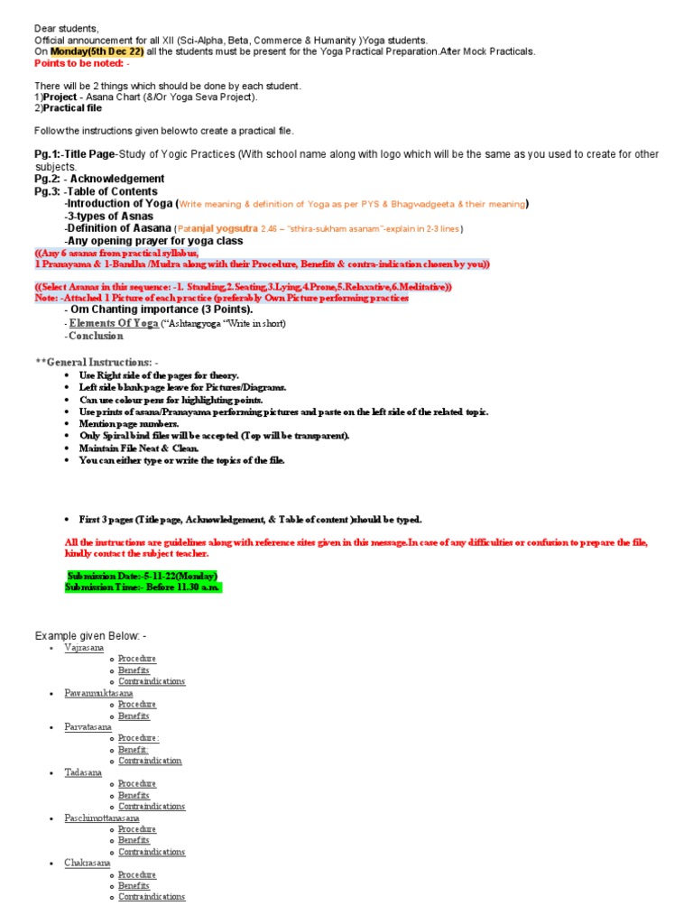 Guidelines For Yoga Practical File | PDF | Asana | Yoga