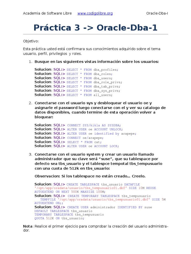 Practica 3 Oracle Dba I Usuarios Pdf Sql Bases De Datos