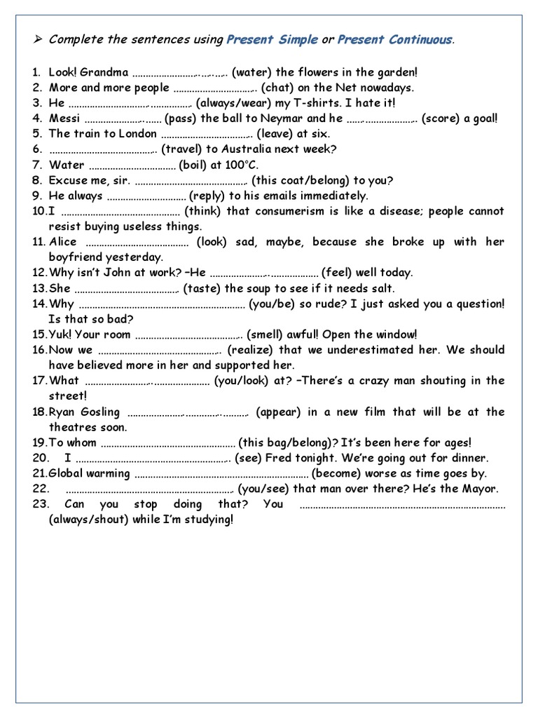 Present Simple or Present Continuous Stative Verbs Grammar Drills ...
