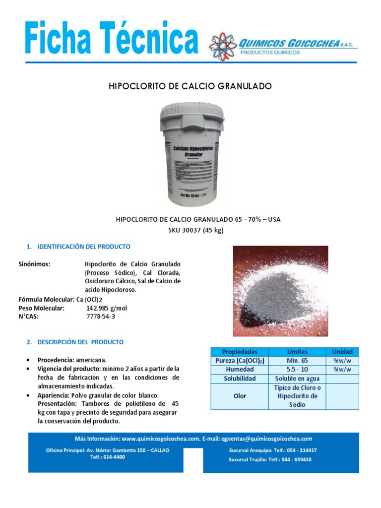 Hipoclorito de Calcio Granulado | PDF | Agua | Cloro