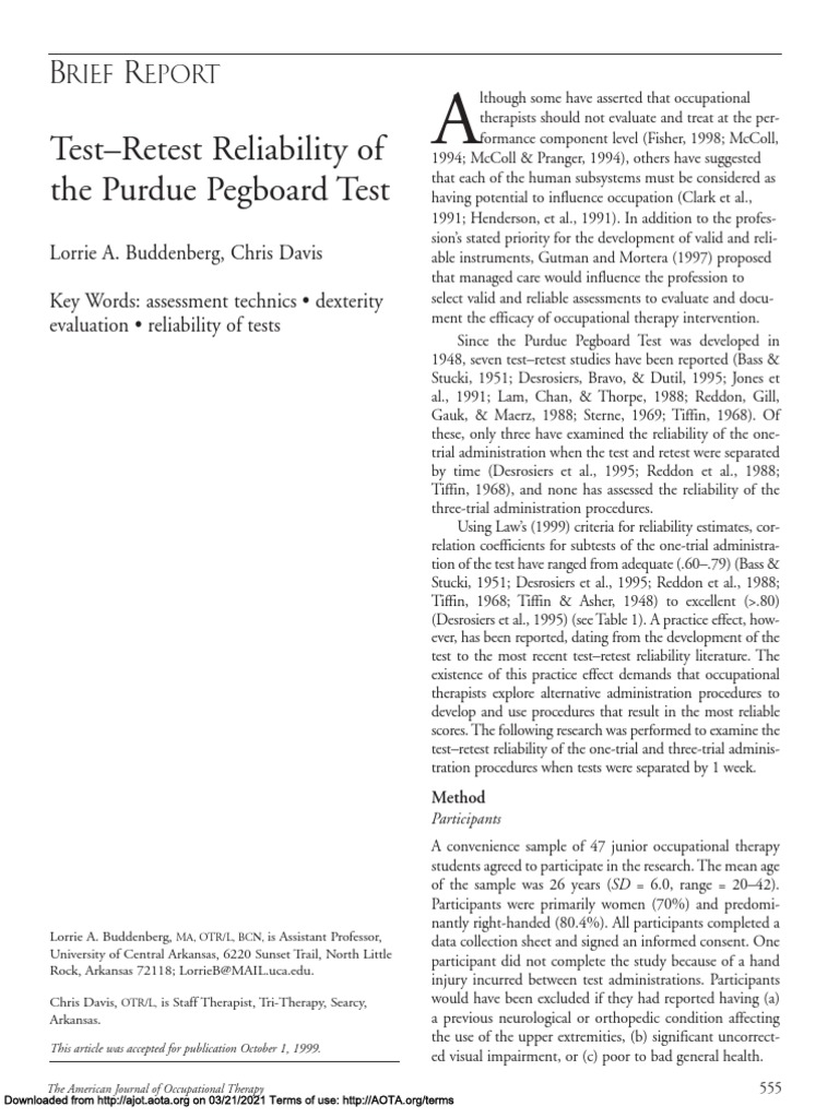 Test-Retest Reliability of The Purdue Pegboard Test: Bri Ef Report ...