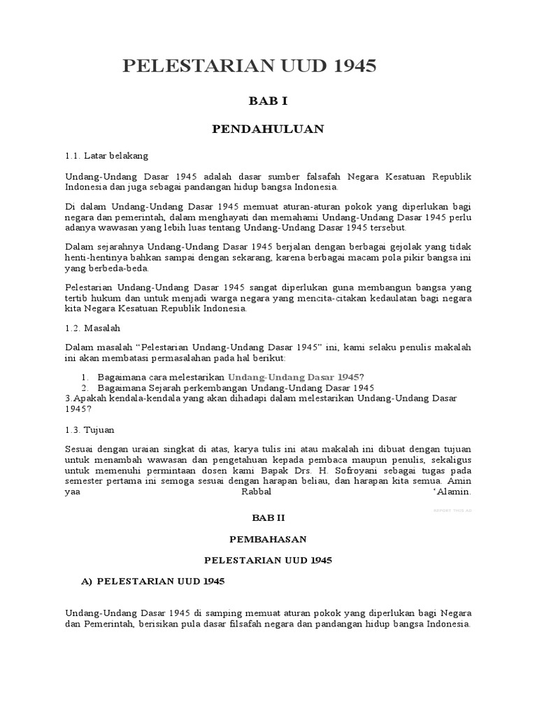 Makalah Pelestarian Uud 1945 Al Maliyah | PDF