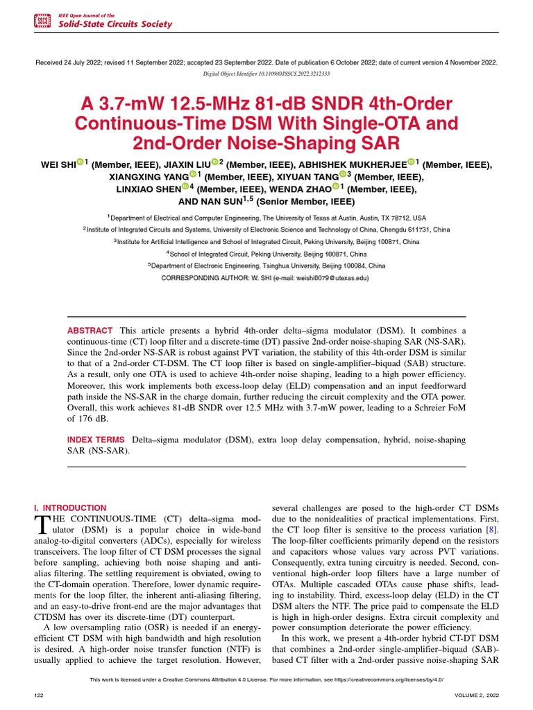 A 3.7-MW 12.5-MHz 81-DB SNDR 4th-Order Continuous-Time DSM With Single-OTA and 2nd-Order Noise ...