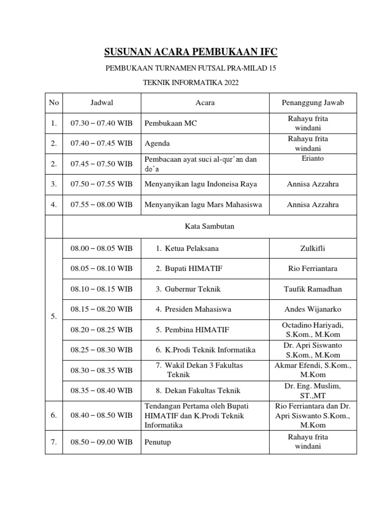 Rundown Acara Pembukaan Futsal 2022 | PDF