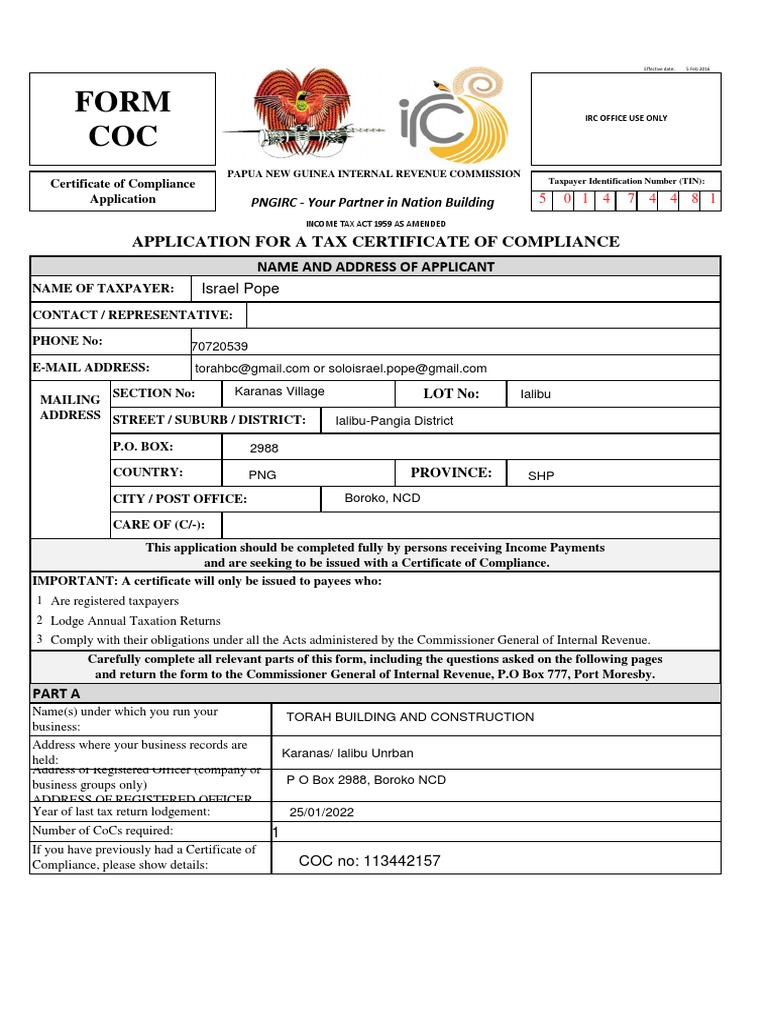 Form - COC - Application Filed 7-2-2022 | PDF | Internal Revenue Service | Taxes