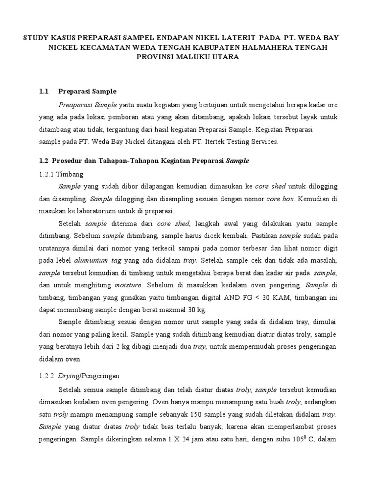 Study Kasus Preparasi Sampel Endapan Nikel Laterit Pada PT | PDF