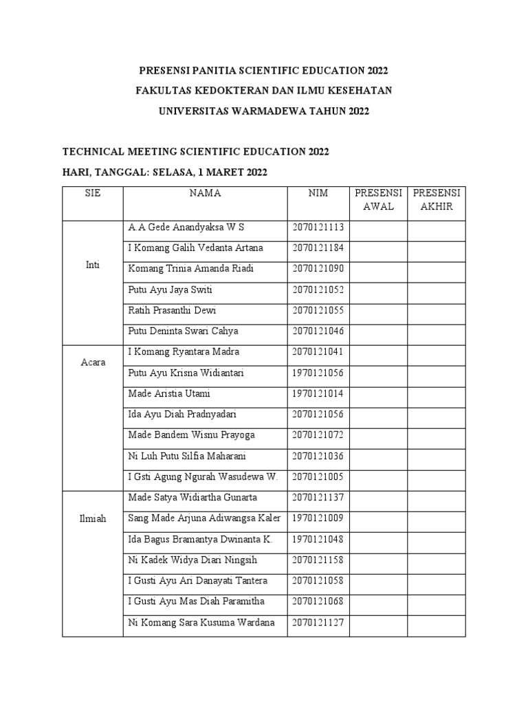 Template Presensi Panitia SE 2022 TM | PDF