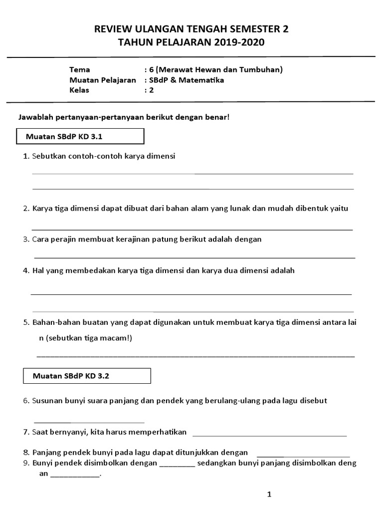 Soal Latihan Tema 6 SBDP MTK Review Kelas 2 | PDF