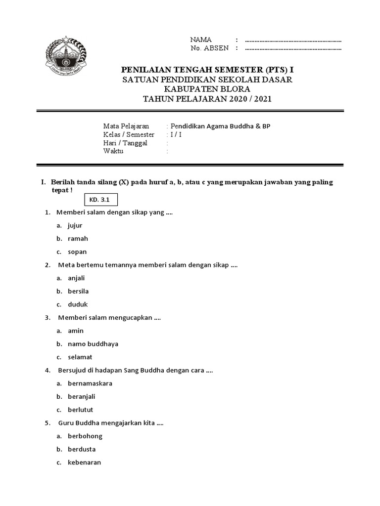 Soal Agama Buddha Kelas 1 SD PTS I | PDF | Karier & Perkembangan ...