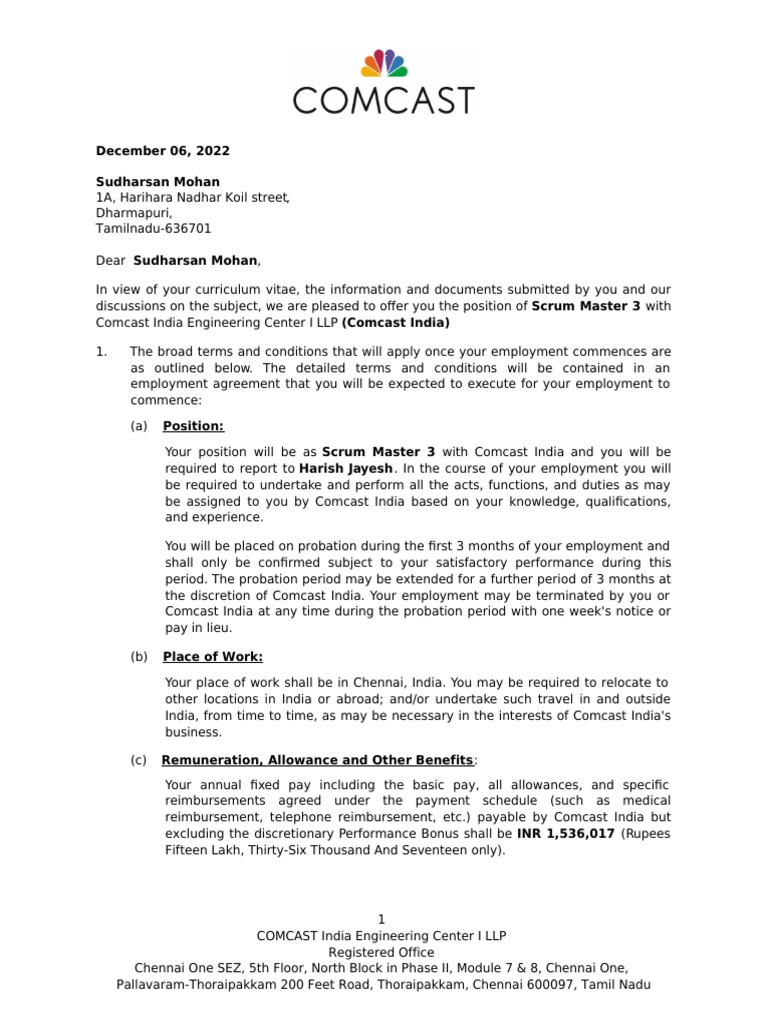Offer Letter for the Position of Scrum Master 3 at Comcast India ...