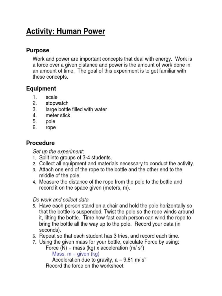 Human Power Lesson3 Activity1 Student Worksheet Annotated | PDF | Force ...