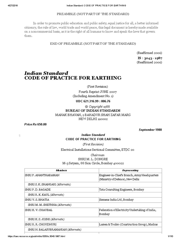 Indian Standard - Code of Practice For Earthing | Download Free PDF ...