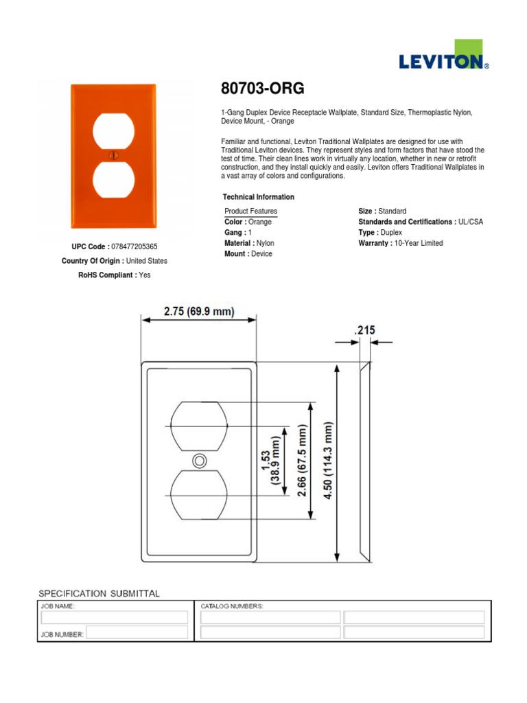 Tapa Leviton Naranja - 80703-ORG | PDF