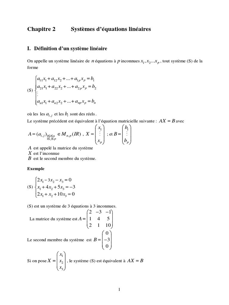 Chapitre 2 Systèmes d’Équations Linéaires | PDF | Matrice ...