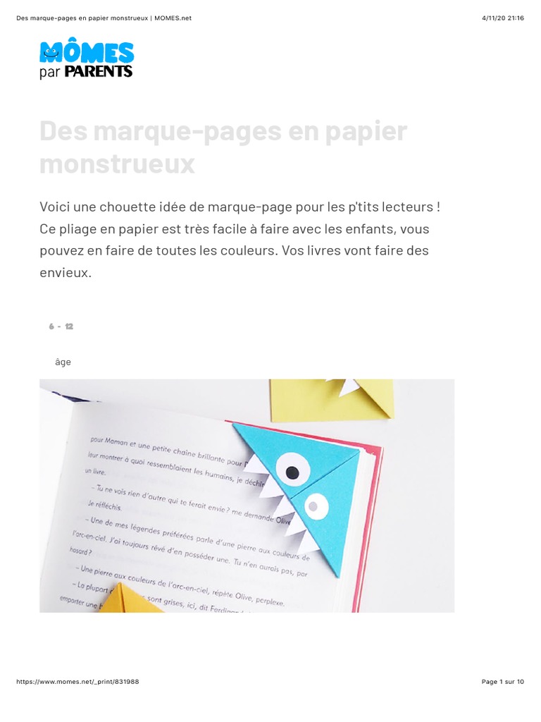 Marque-pages monstres en origami | PDF | Papier | Matériel de bureau
