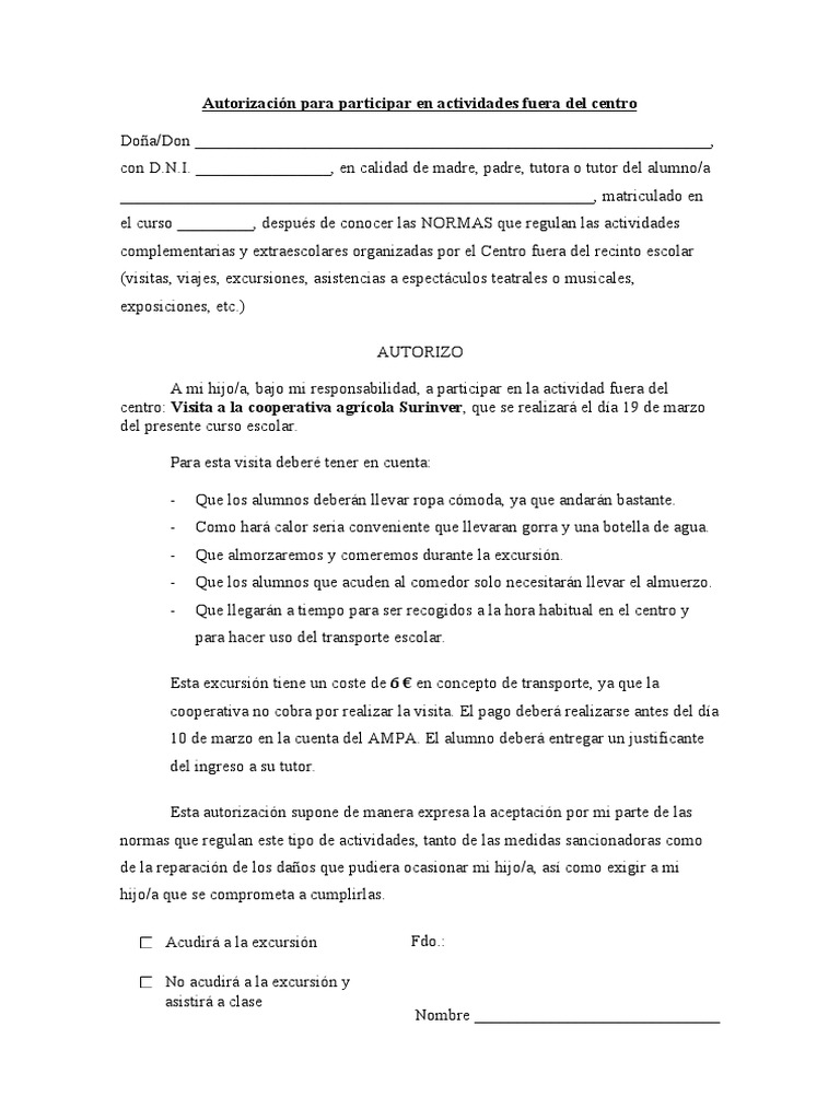 Carta De Permiso Para Excursion Conversion