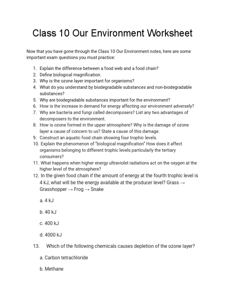 Class 10 Our Environment Worksheet | PDF
