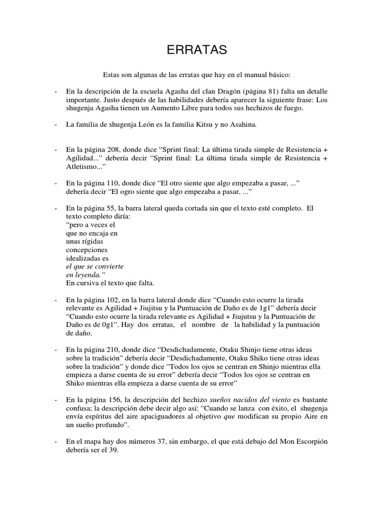 Erratas en el Manual Básico de Agasha | PDF