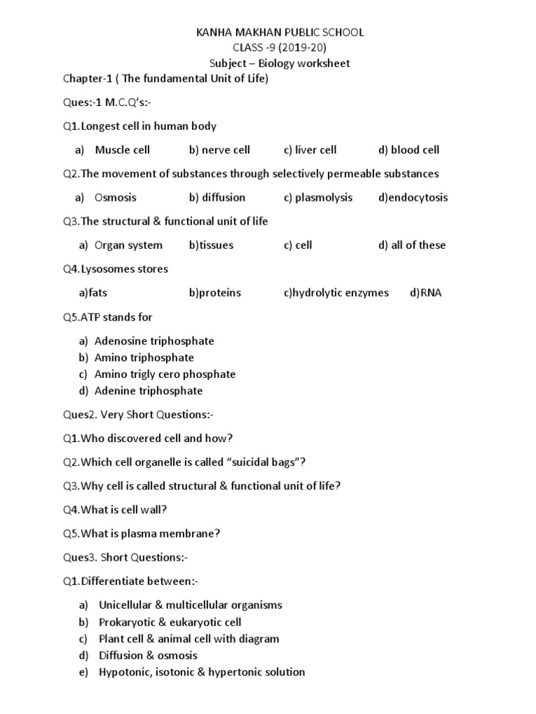 IX-Biology Worksheet Cell | PDF | Tissue (Biology) | Cell (Biology)