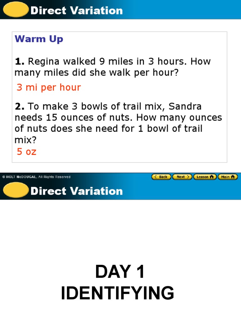 9-1 Direct Variation | PDF | Speed | Equations
