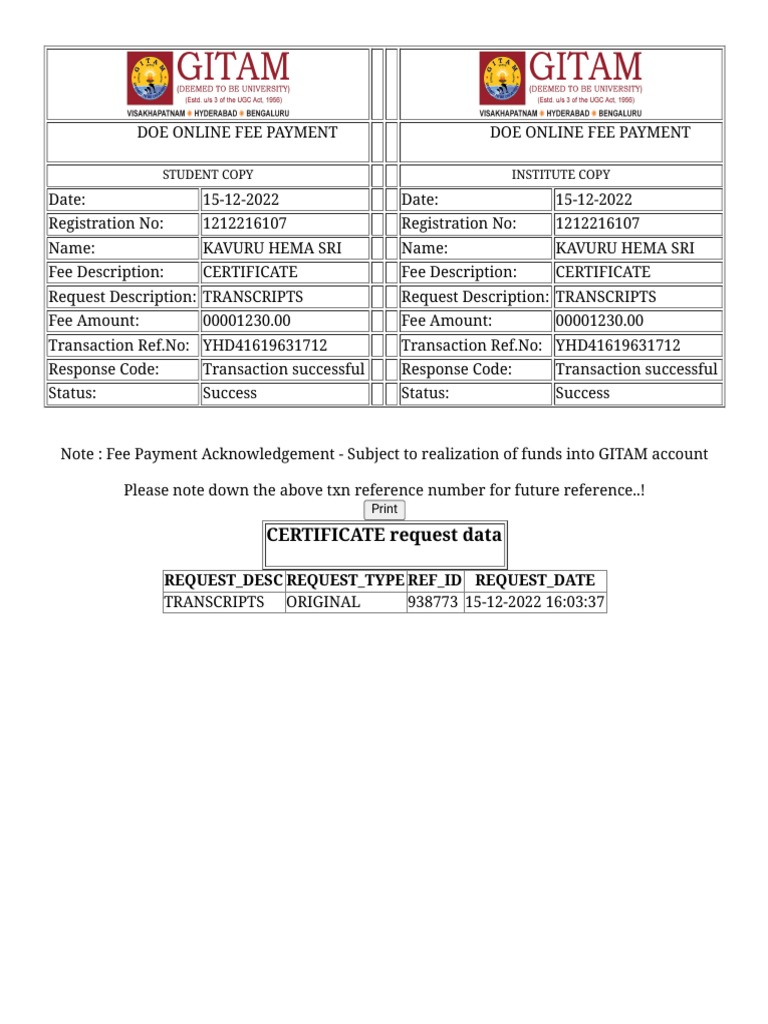 Https Onlinepay - Gitam.edu Doeibbilldesk Returnurl | PDF