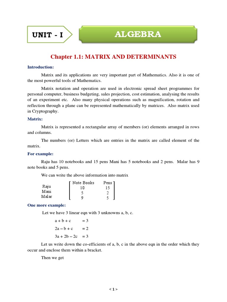 Engineering Mathematics I-Unit-I Algebra | PDF | Matrix (Mathematics) | Determinant