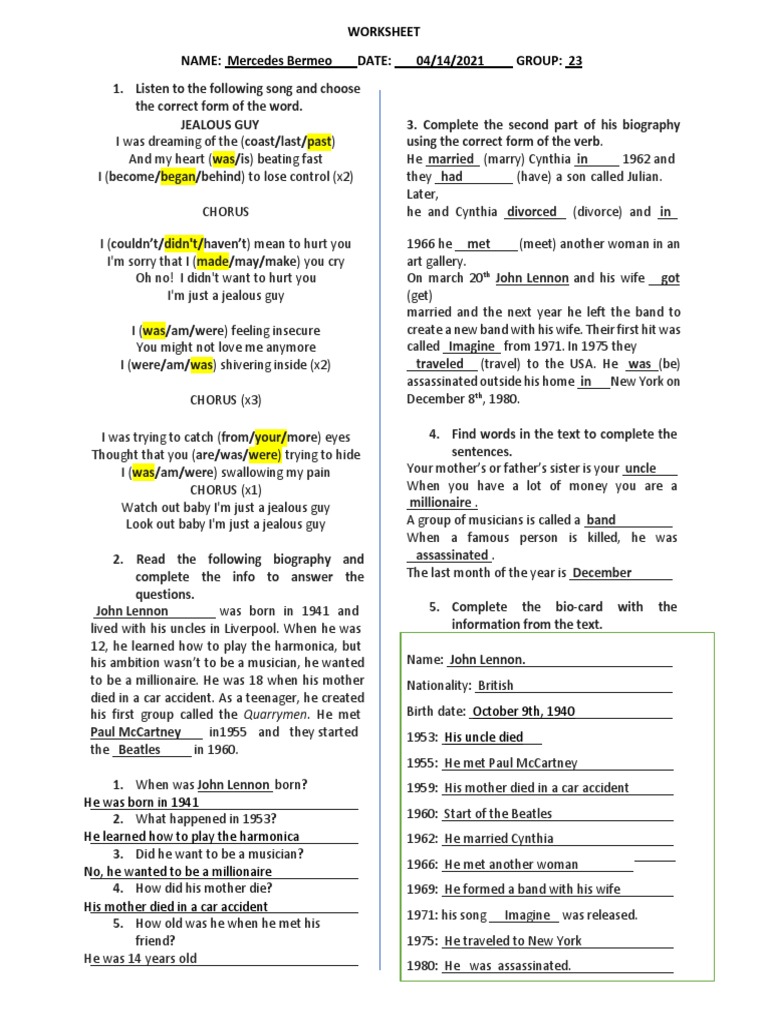 A2 Worksheet 1 (Simple Past) | PDF | John Lennon | British Music