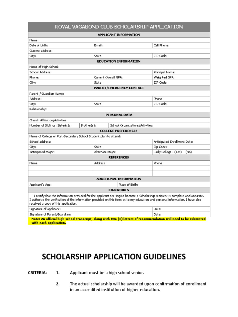 Royal Vagabond Club Scholarship Form | PDF
