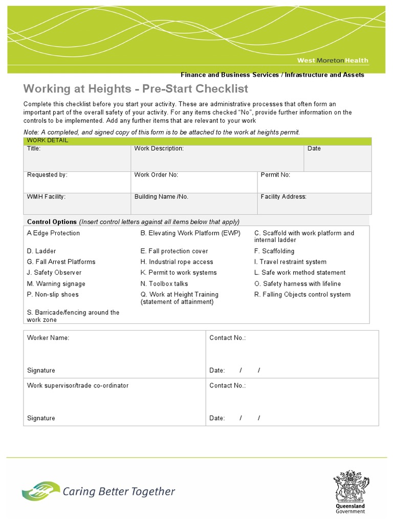 Working at Heights Pre Start Checklist | PDF | Safety | Occupational ...