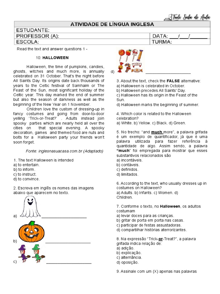 HALLOWEEN - Ativ. Inglês - Gabarito | PDF