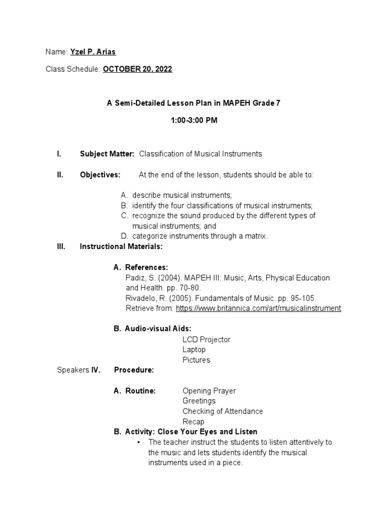 Toaz - Info Mapeh 7 Lesson Plan PR | PDF | Musical Instruments | String ...