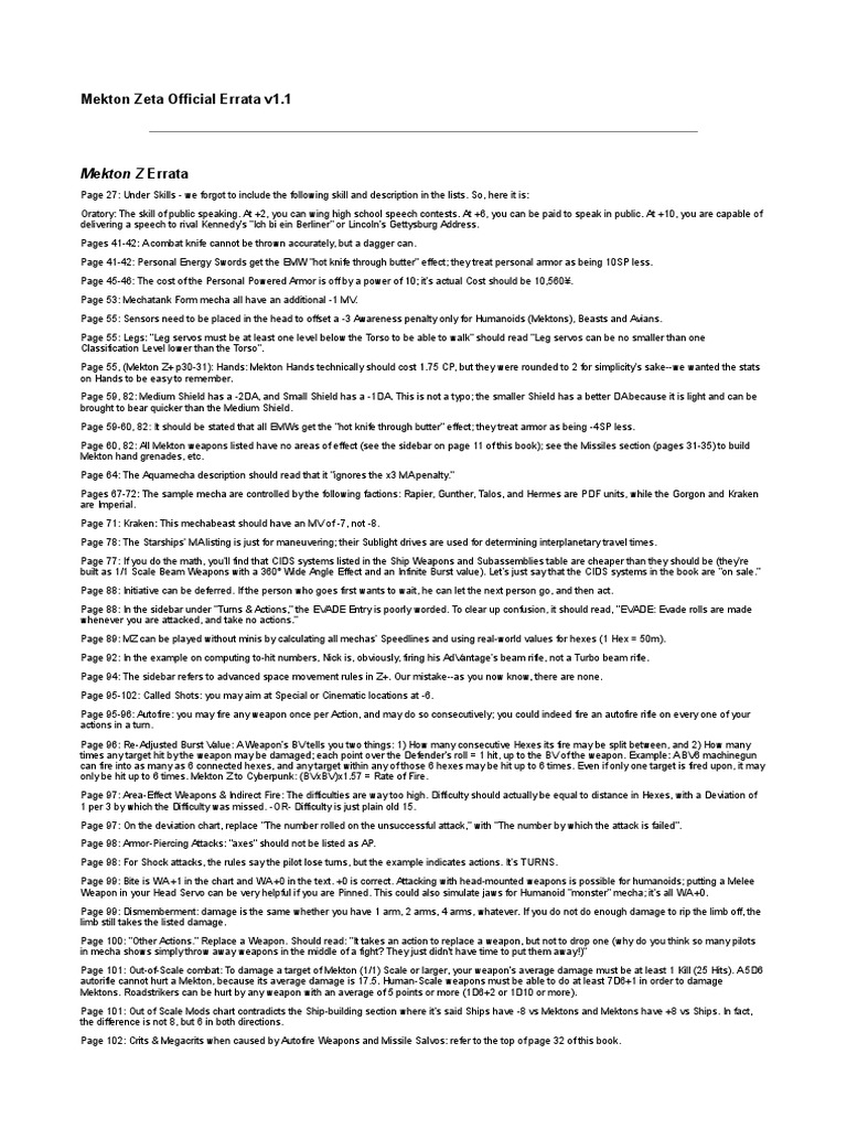 Mekton Zeta Errata 1-1 | Download Free PDF | Missile | Tanks