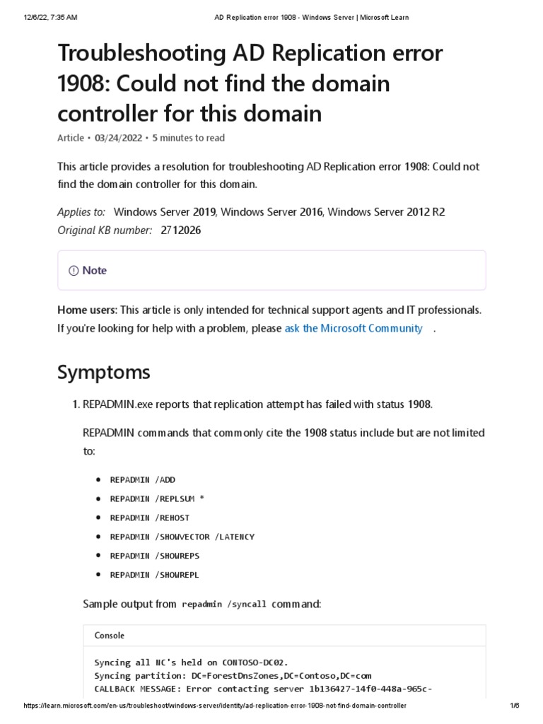 AD Replication Error 1908 - Windows Server - Microsoft Learn | PDF | Active Directory ...