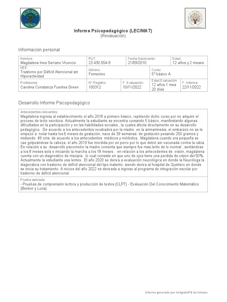 Informe Psicopedagógico (Evalec-Evamat-CLPT-Benton y Luria) - Magdalena Ines Serrano Vicencio ...