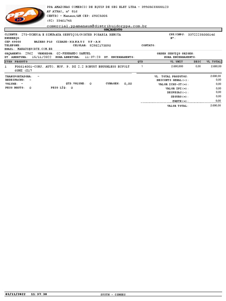 Orcamento 2962 | PDF