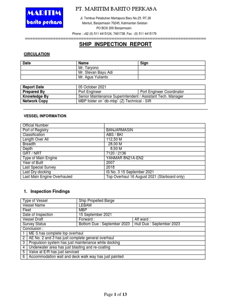 SPB Lebam Ship Inspection Report | PDF | Ships | Watercraft
